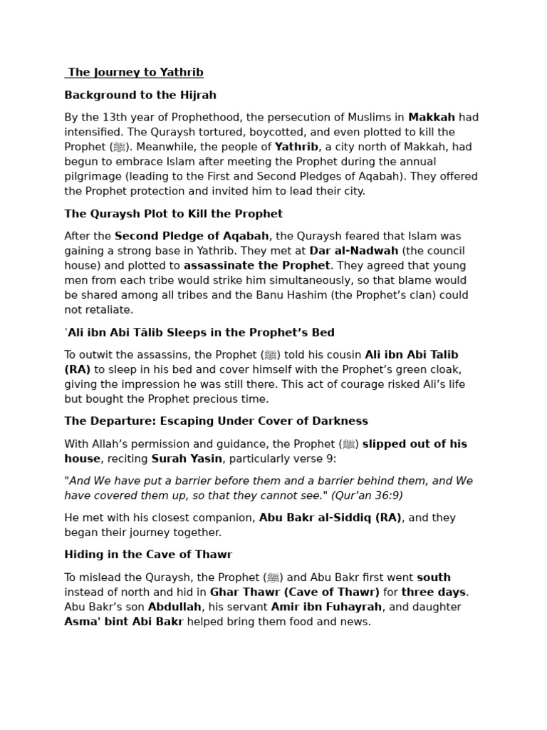 The Hijrah: Journey to Yathrib Explained | PDF | Muhammad | Medina