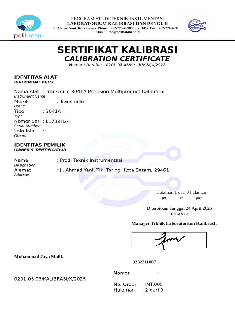 Sertifikat Kalibrasi Transmille 3041A | PDF