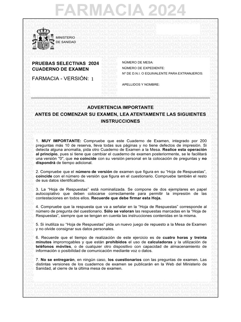 Examen de Farmacia 2024: Instrucciones y Preguntas | PDF | Beta ...