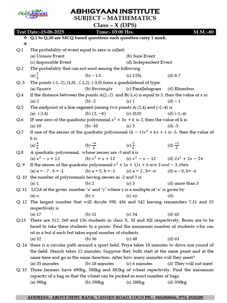 10 Maths 15-06-2025 DPS | PDF | Equations | Quadratic Equation