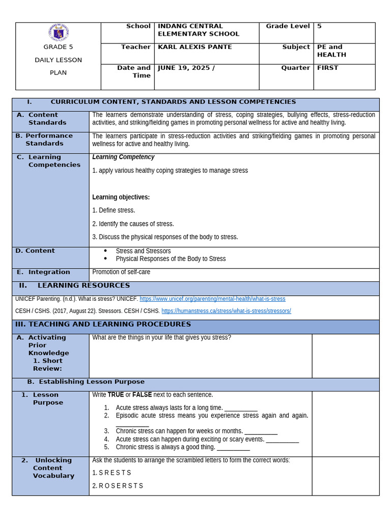 Grade 5 PE Lesson on Stress Management | PDF | Stress (Biology ...