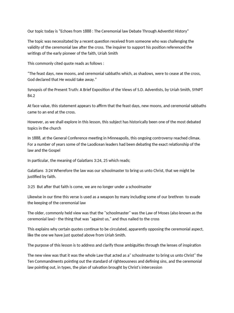 Echoes From 1888 The Ceremonial Law Debate Through Adventist History ...