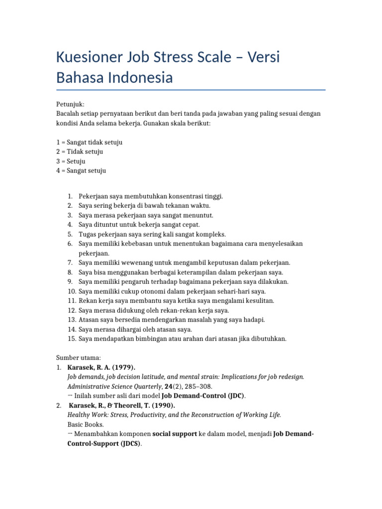 Kuesioner Job Stress Scale Bahasa Indonesia | PDF