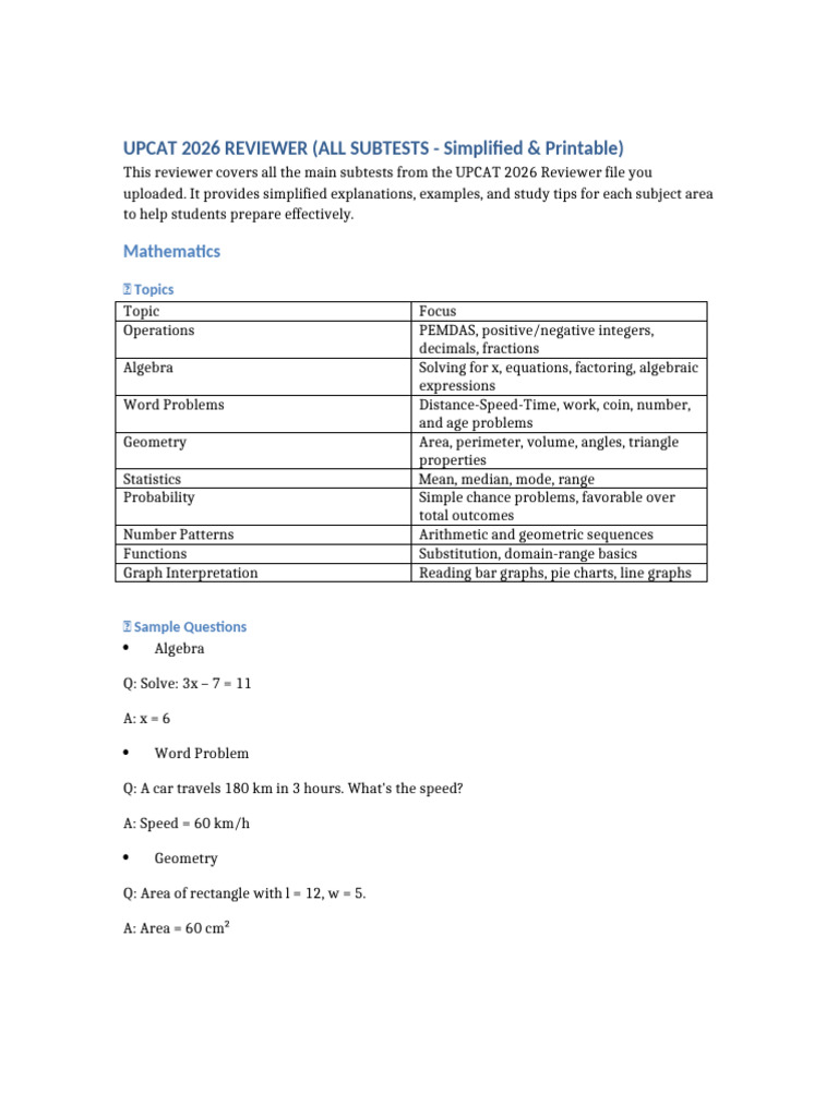 UPCAT 2026 All Subtests Reviewer Printable | PDF | Algebra | Area