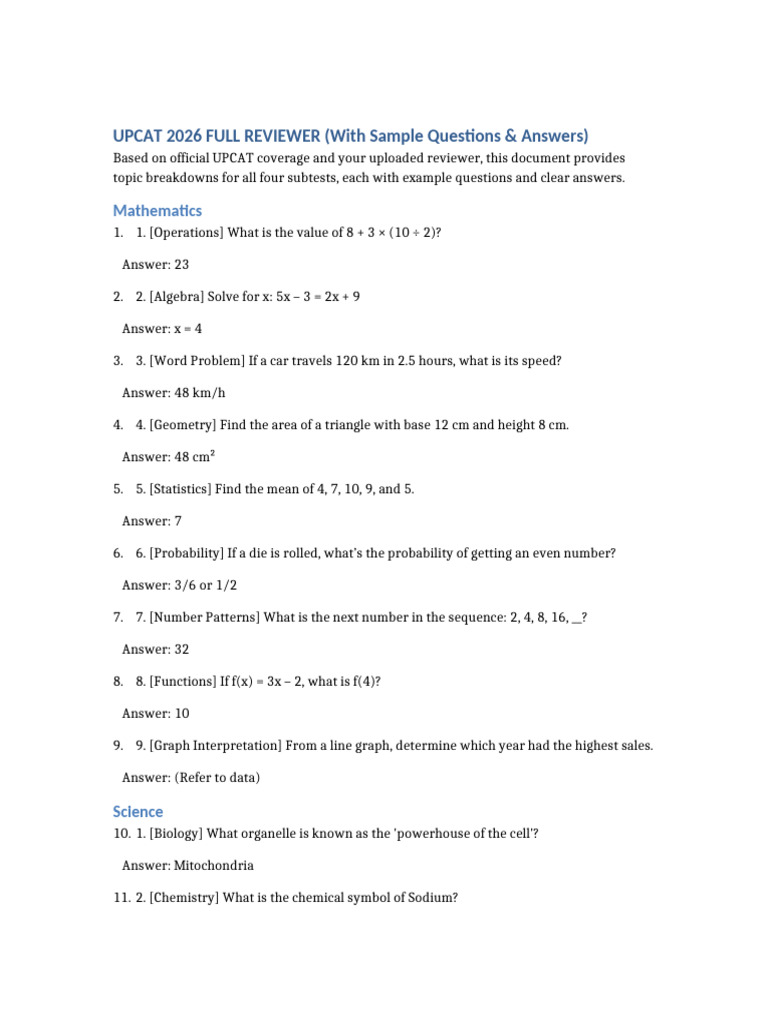UPCAT 2026 Reviewer All Subtests Samples With Answers | PDF | Numbers ...