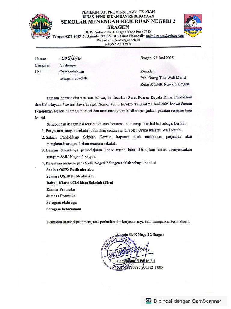 Surat Edaran Sragam SMK 2 SRG 2025 | PDF