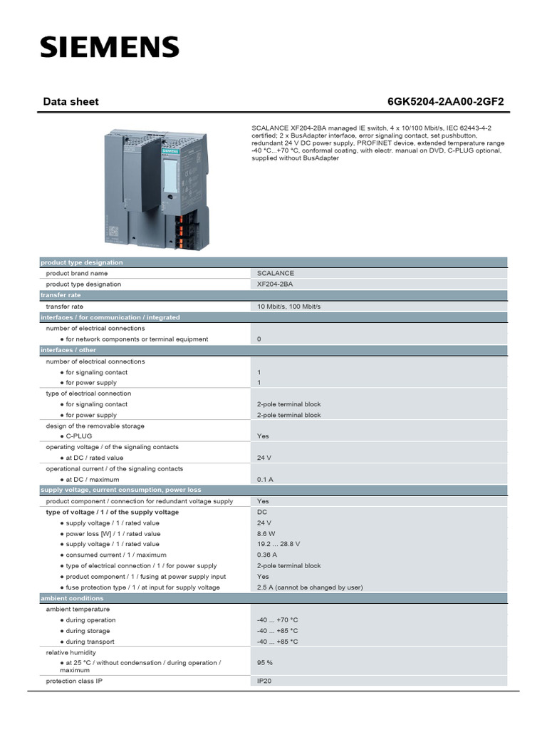 SCALANCE XF204-2BA Data Sheet | PDF | Power Supply | Bit Rate