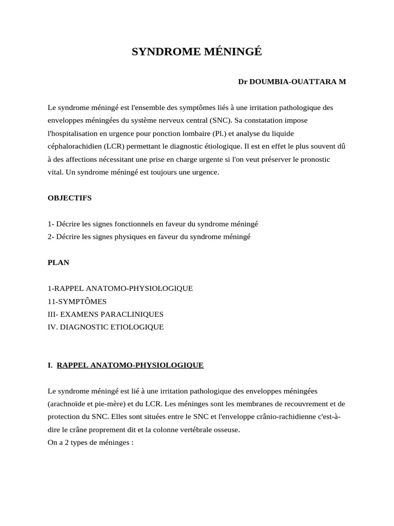 Urgence du syndrome méningé | PDF | Coma | Liquide cérébro-spinal