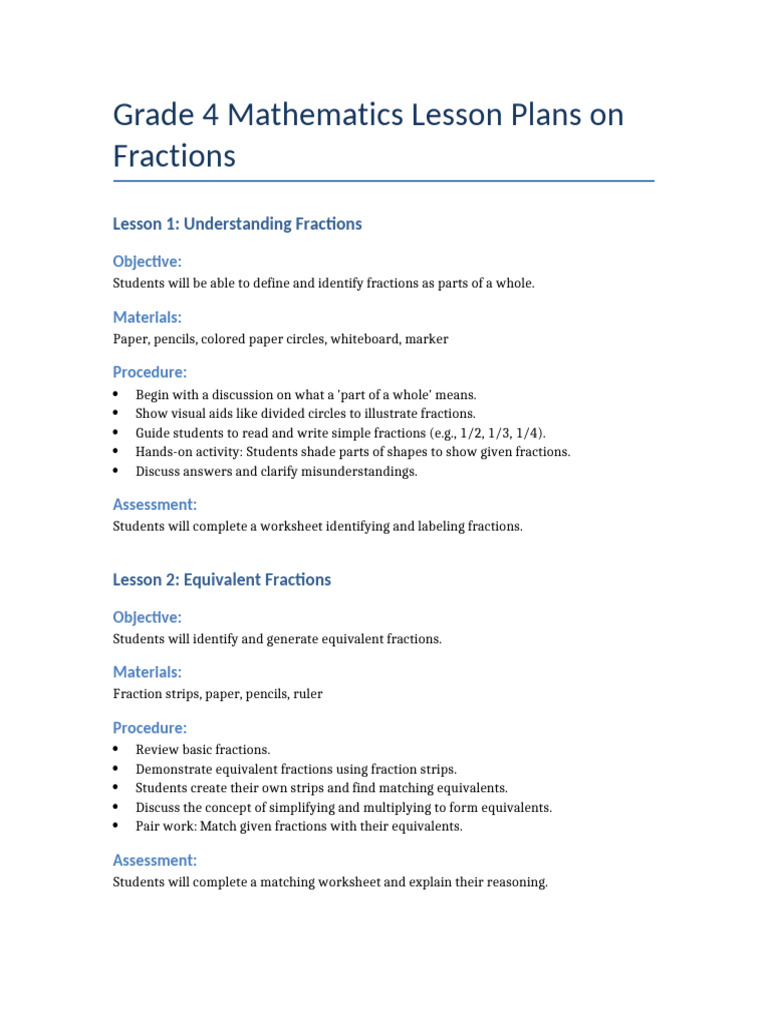 Grade 4 Fractions Lesson Plans | PDF | Mathematics