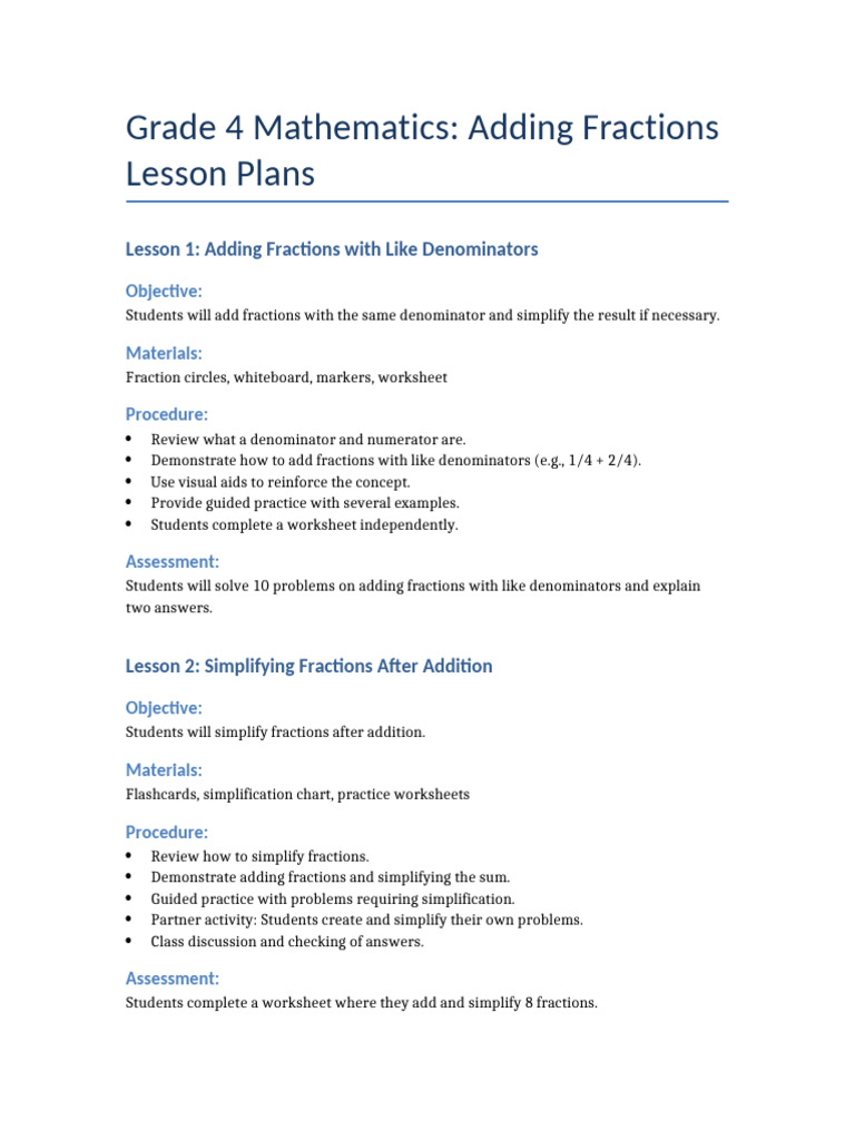 Grade 4 Adding Fractions Lesson Plans | PDF | Mathematics