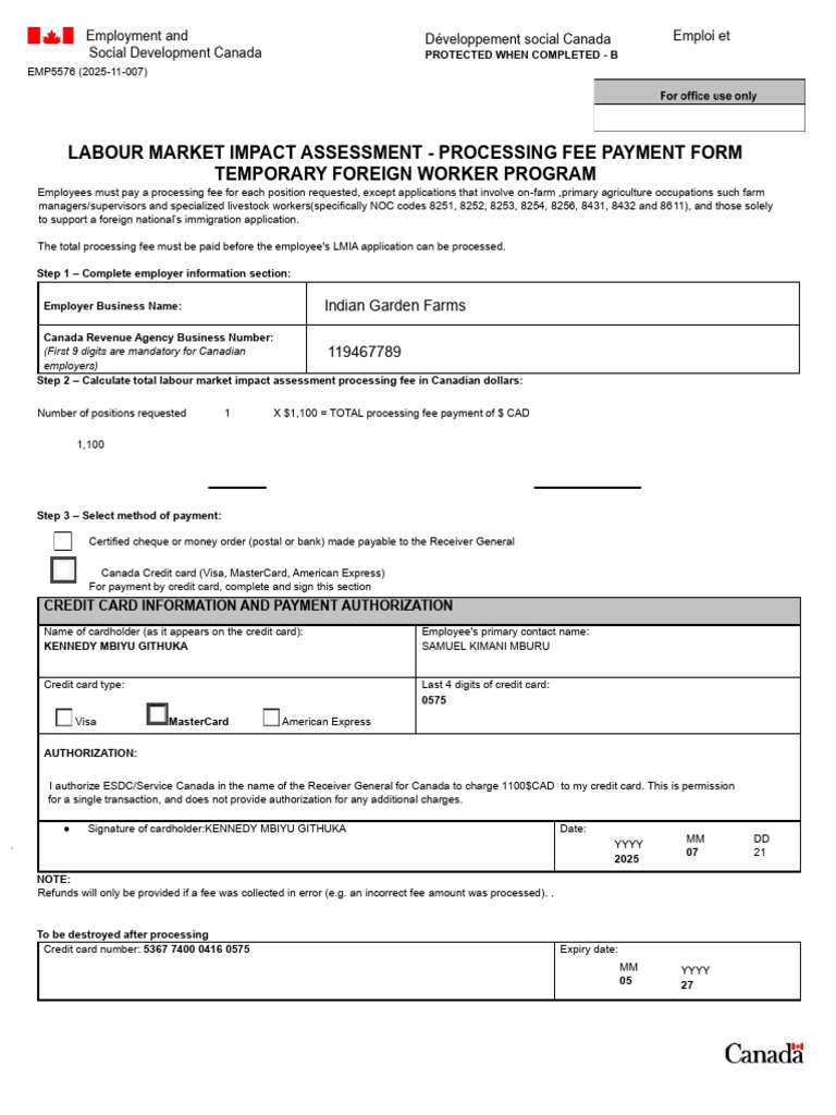 LMIA Processing Fee Payment Form | PDF | Credit Card | Payments