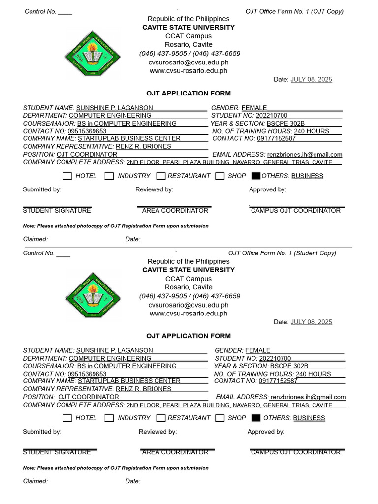OJT Application Form | PDF