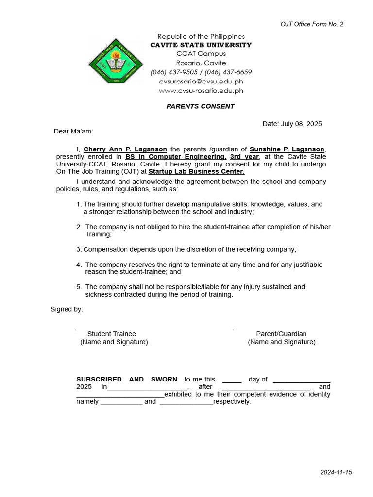 Ojt Parent Consent | PDF