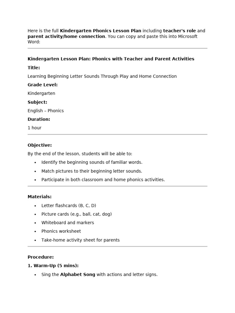 Kindergarten Phonics Lesson Plan | PDF | Phonics | Pedagogy