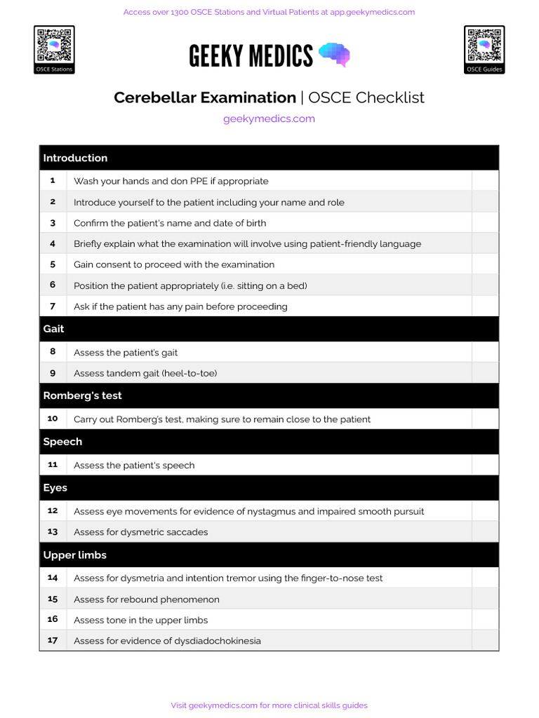 Cerebellar Examination OSCE Checklist Geeky Medics | PDF