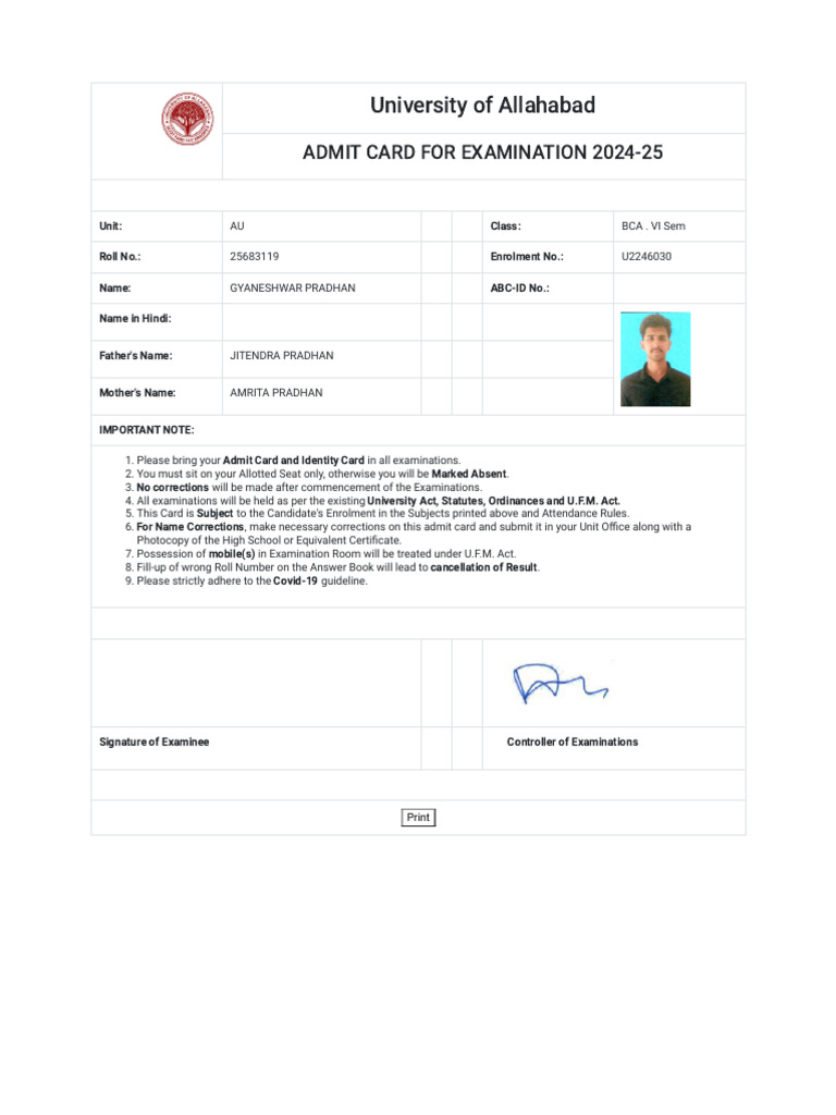 University of Allahabad BCA Admit Card 2024 | PDF