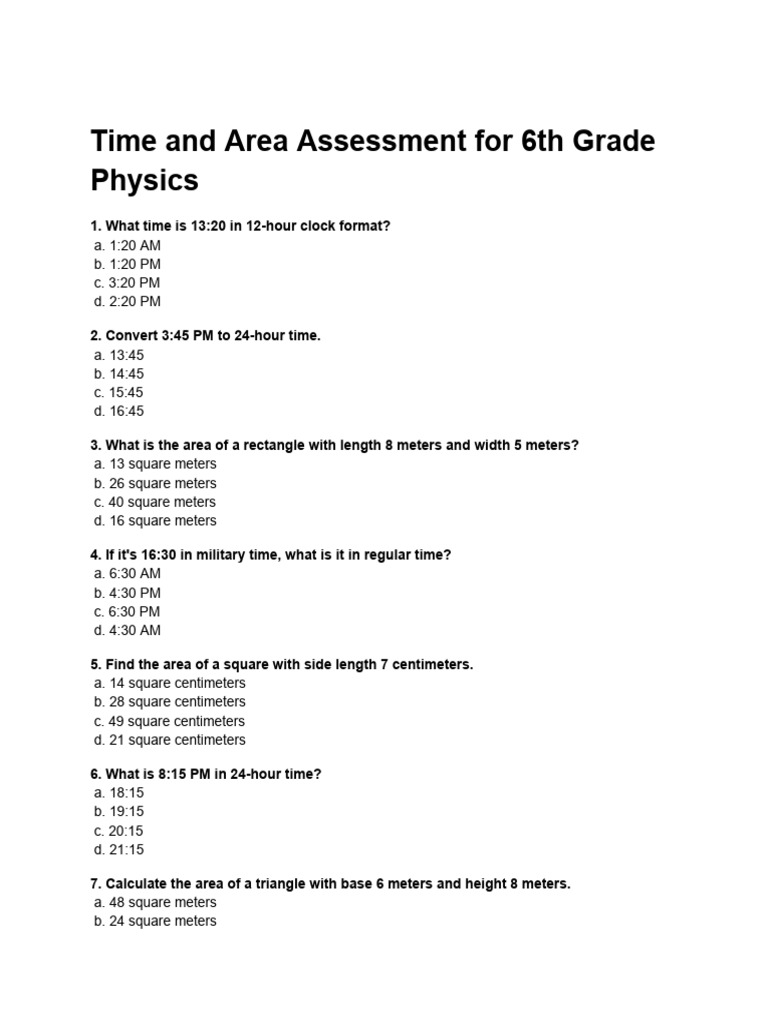 Time and Area Assessment For 6th Grade Physics | PDF | Area | Length