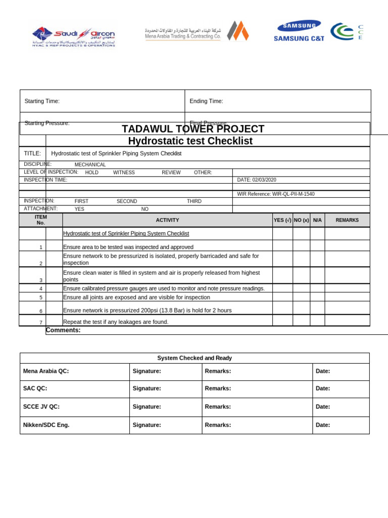 Inspection Checklist - HYDRO Test - Rev-03 | PDF