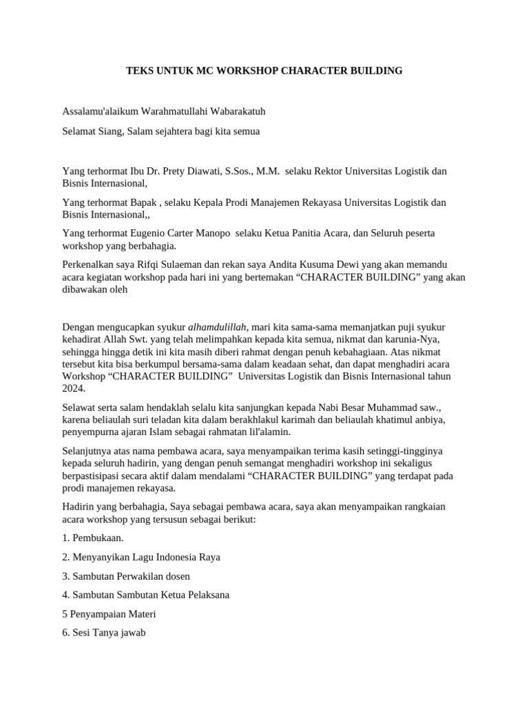 Teks Untuk MC Workshop Character Building | PDF