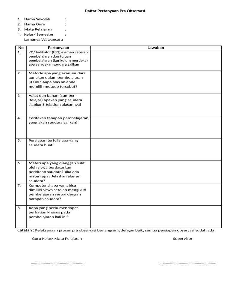 Daftar Pertanyaan Pra Observasi | PDF