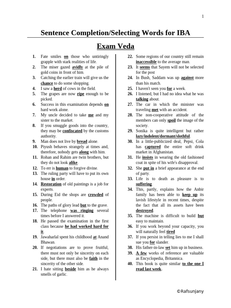 Sentence Completion/Selecting Words For IBA Exam Veda: ©rafsunjany | PDF
