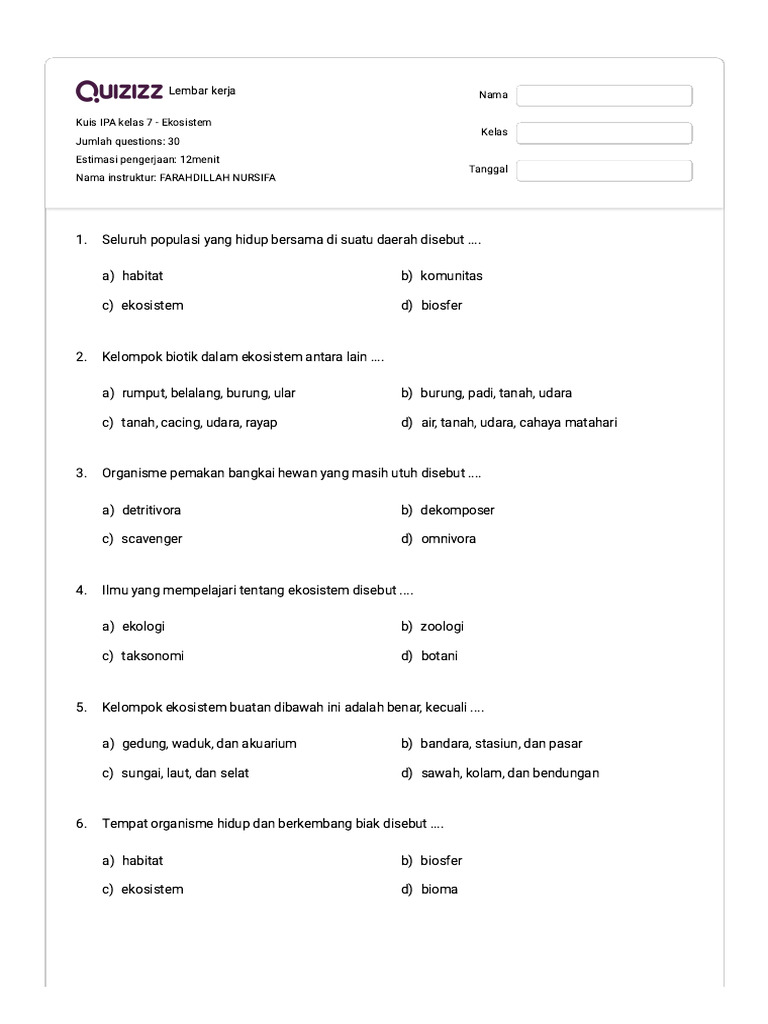Kuis IPA Kelas 7 - Ekosistem - Quizizz | PDF