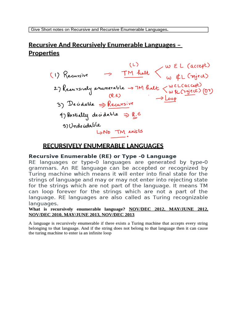Toc Imp Big Five Qs&Ans (Recursive and Recursive Enumerable LanguagesF) | PDF | Computational ...