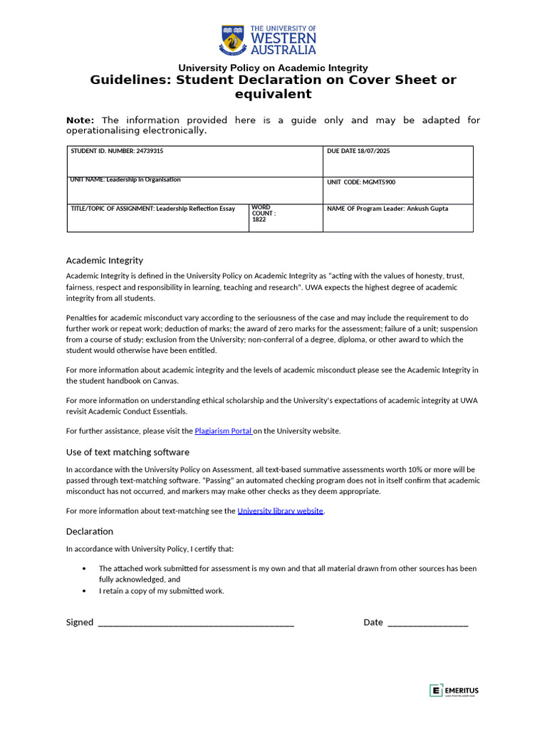 Cover Sheet For Leadership Reflection Essay Part A | PDF | Academic ...