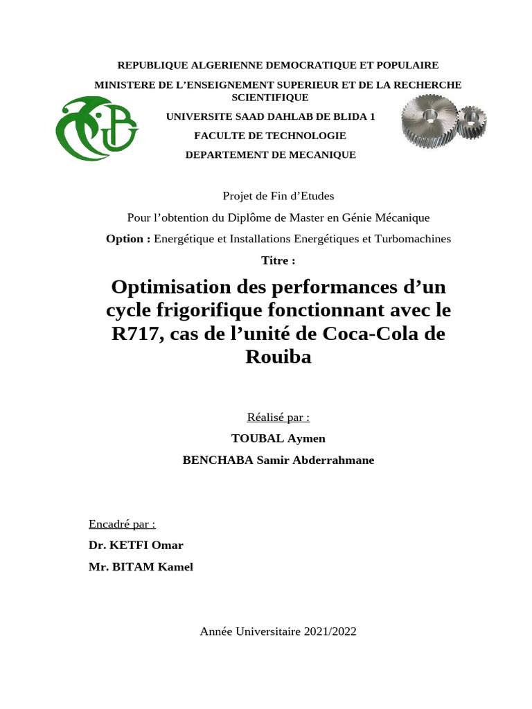 Optimisation d'un cycle frigorifique R717 | PDF | Réfrigérateur ...