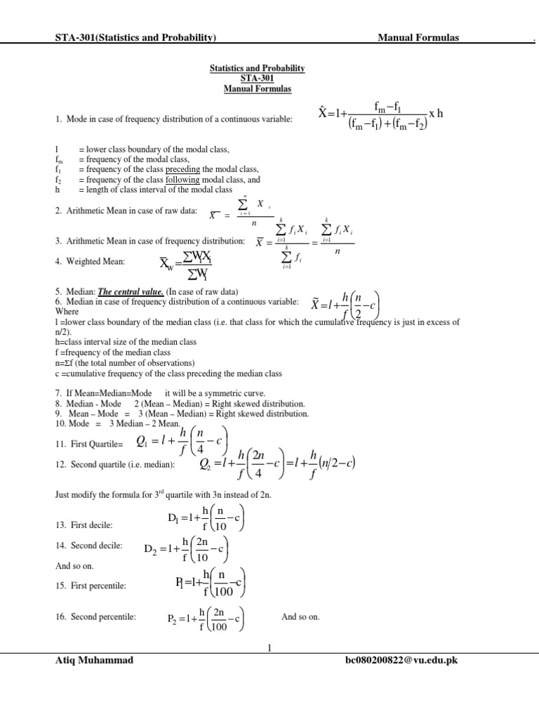 Sta 301 Formulas | PDF | Mode (Statistics) | Arithmetic Mean