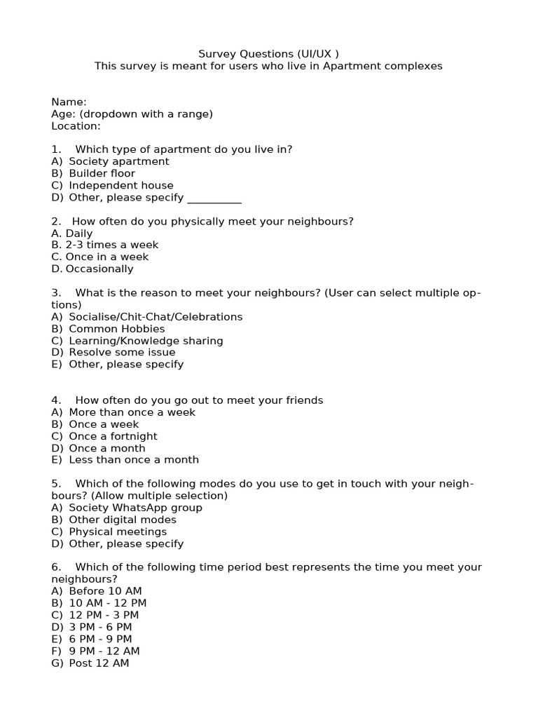 Apartment Resident Survey Questions | PDF