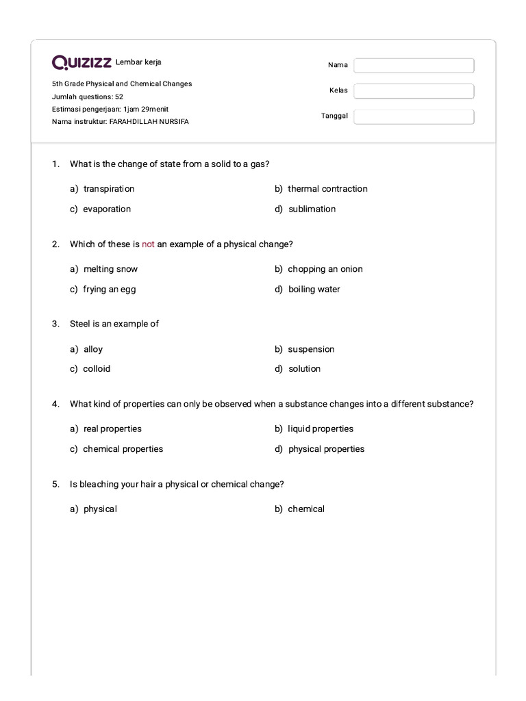 5th Grade Changes in Matter Quiz | PDF | Acid | Chemical Substances