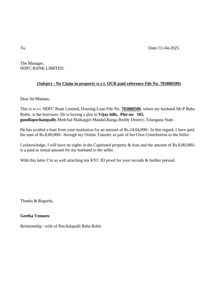 No Claim Letter Rohit | PDF