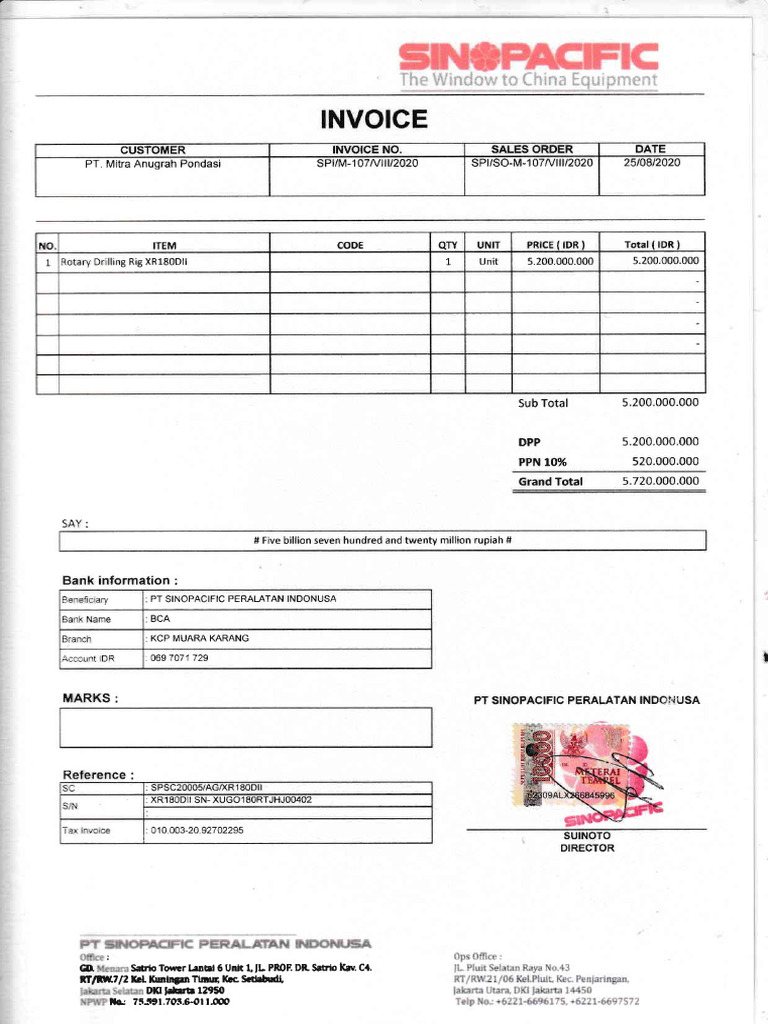 Invoice Rotary Drilling Rig Xr180dii | PDF