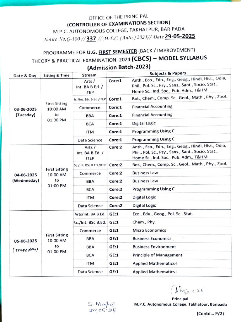 Programme For UG 1st Semester Back Examination-2024 (2023 Admission ...