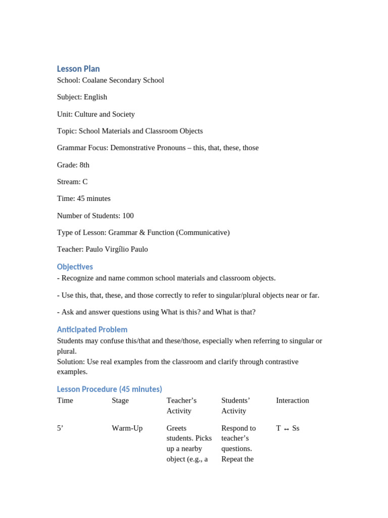 Lesson Plan Demonstrative Pronouns | PDF | Classroom | Teachers