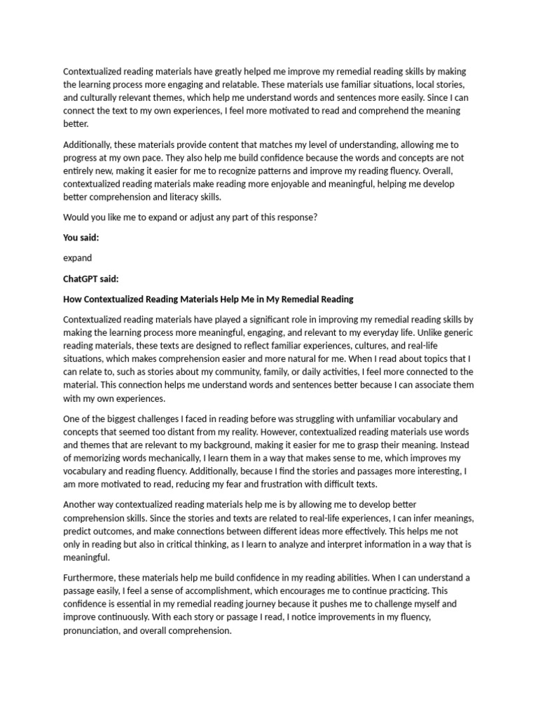 Contextualized Reading Materials Have Greatly Helped Me Improve My Remedial Reading Skills by ...