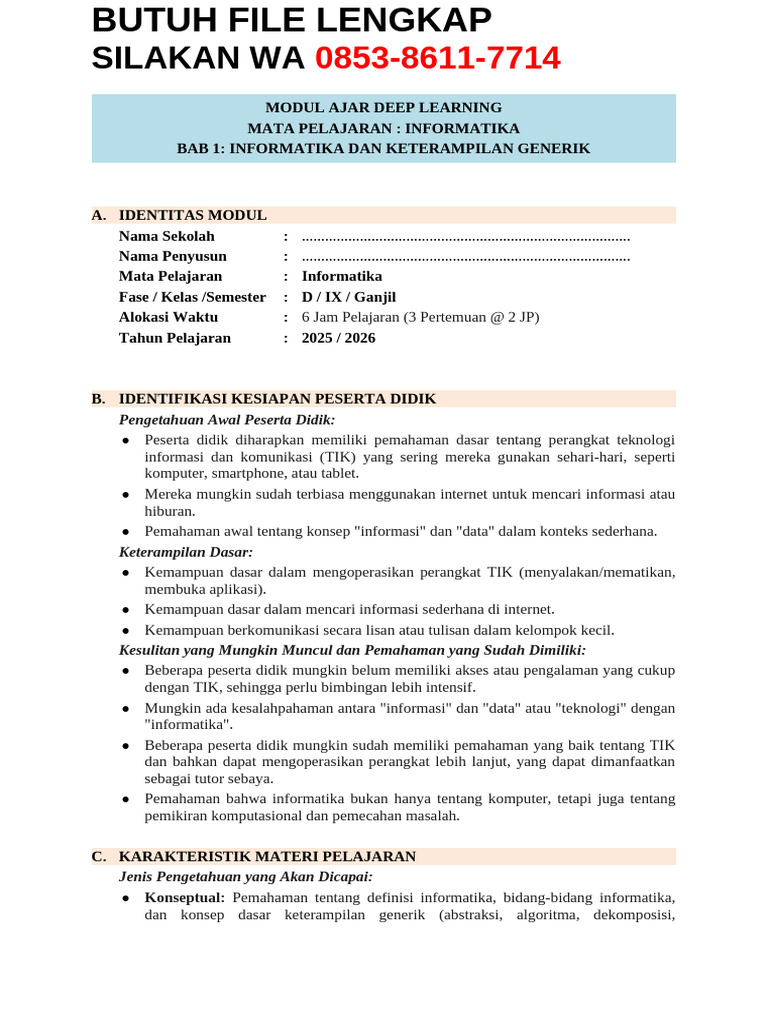 Modul Ajar Deep Learning Informatika Kelas 9 SMP Terbaru 2025 | PDF