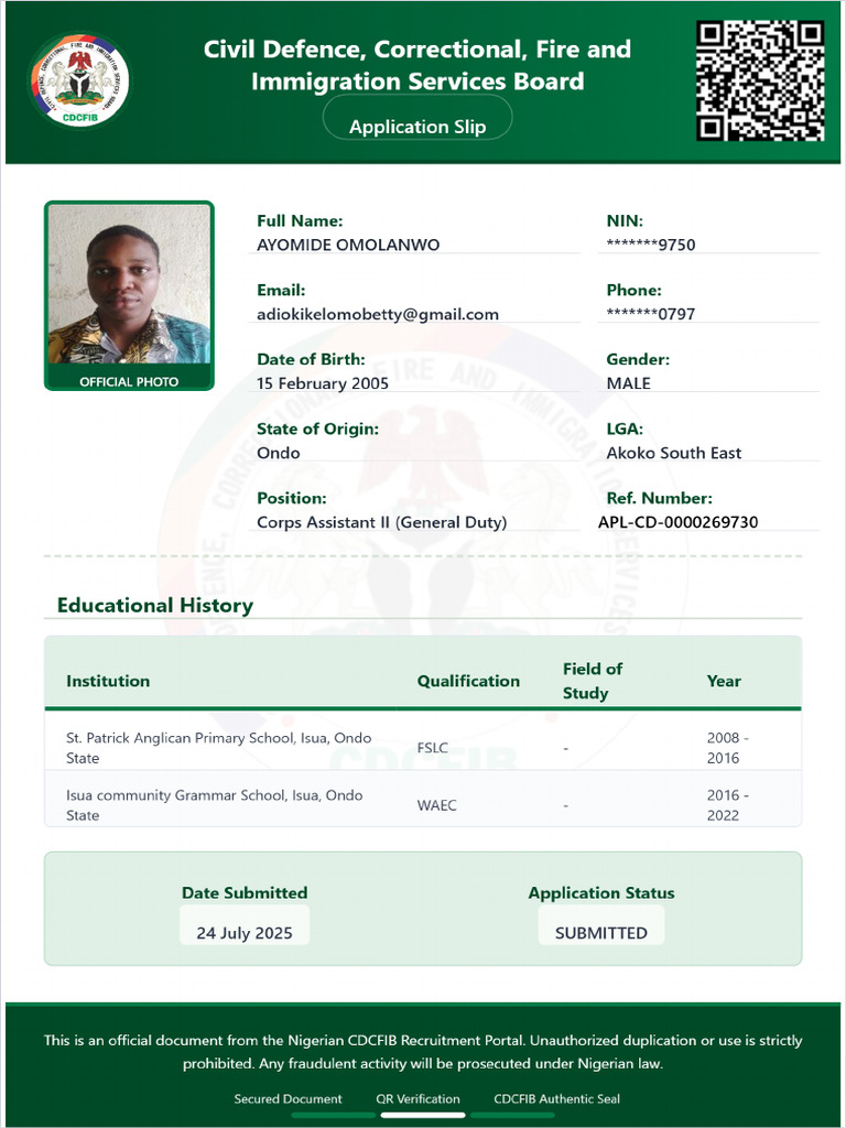 Ayomide Blessing Omolanwo Application Slip | PDF