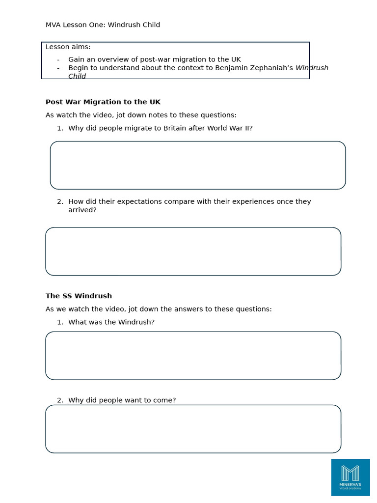 01 Windrush Child Live Lesson Task Sheet | PDF