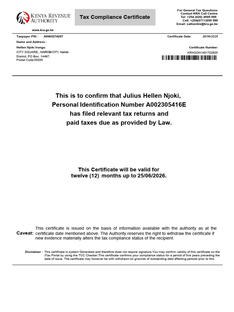 Tax Compliance Certificate | PDF