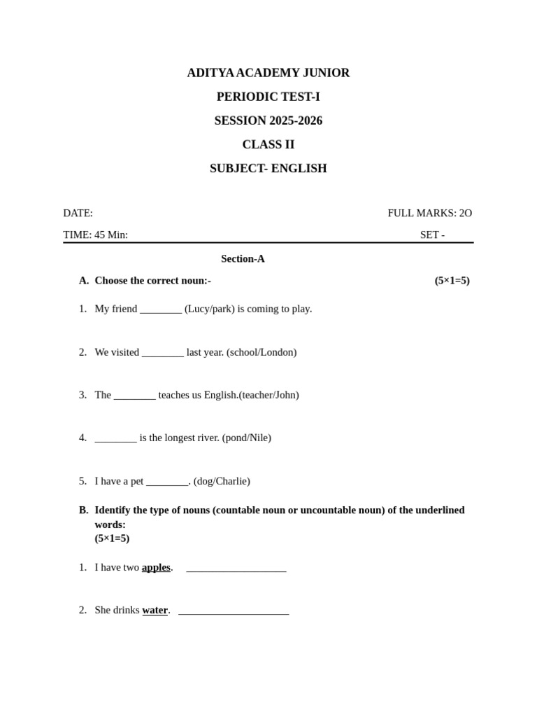 Class 2 English Question Paper | PDF