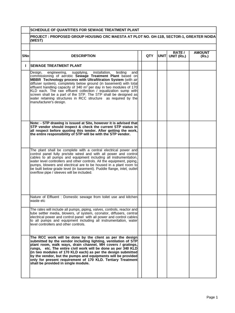 STP BOQ (Cap. 340 KLD) - CRC Maesta 1704 | PDF | Sewage Treatment ...
