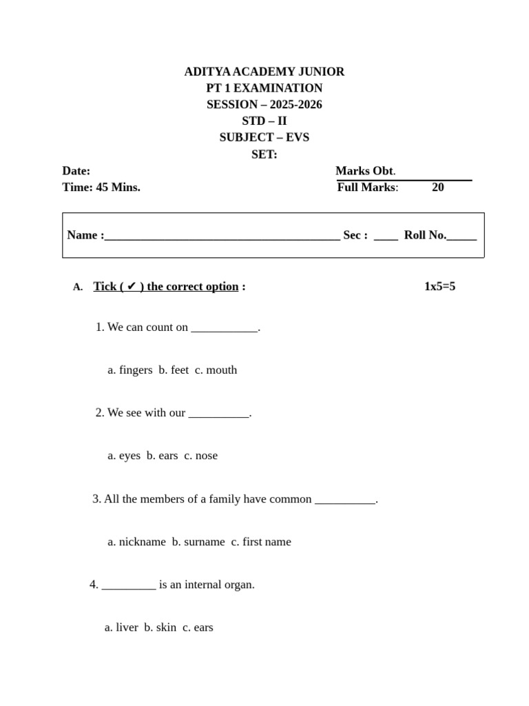 EVS Question Paper Class 2 Set 3 | PDF
