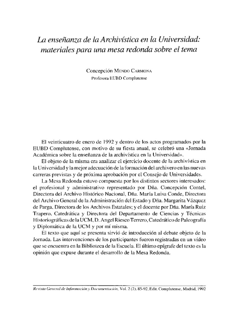 La enseñanza de la Archivística en la Universidad: materiales para una mesa redonda sobre el ...