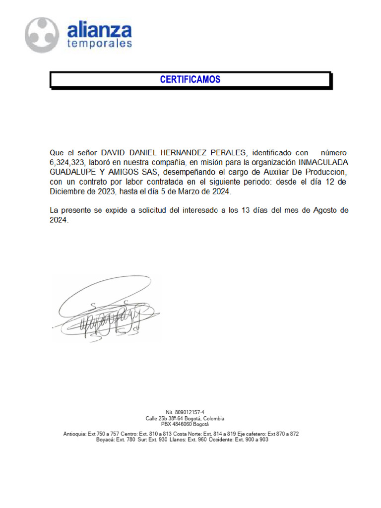 Certificado Alianza Temporal | PDF