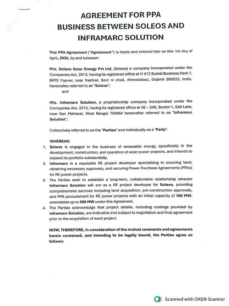 Agreement For PPA Business Between Soles & Inframarc Solution | PDF