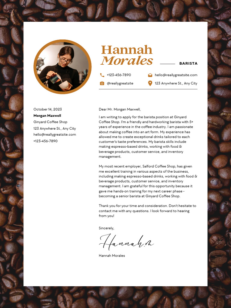 White and Brown Professional Barista Cover Letter | PDF