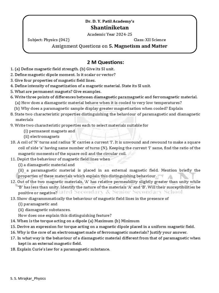 Magnetism and Matter Assignment Questions$20250429135036 | PDF ...