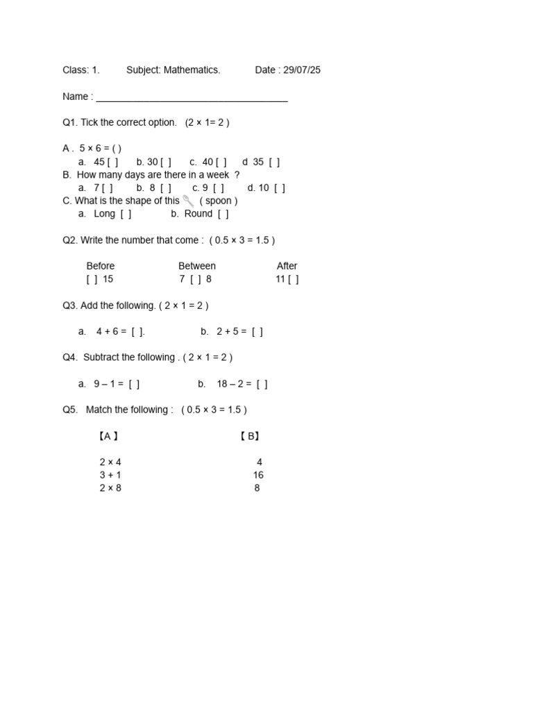 Class 1 Maths Question Paper | PDF